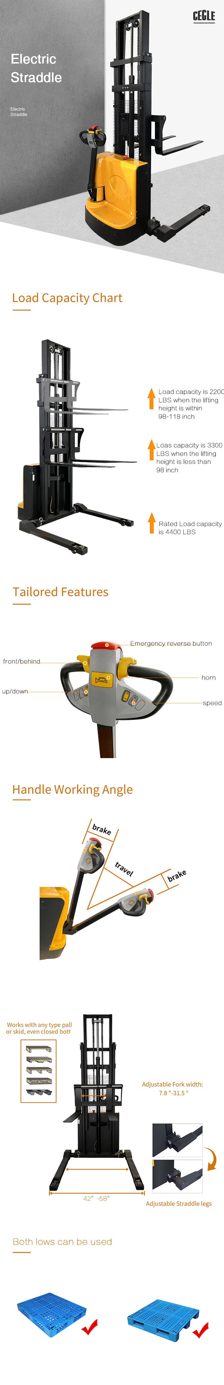 Electric Straddle Stacker,118" High Fully Powered with 4400lbs Cap ...