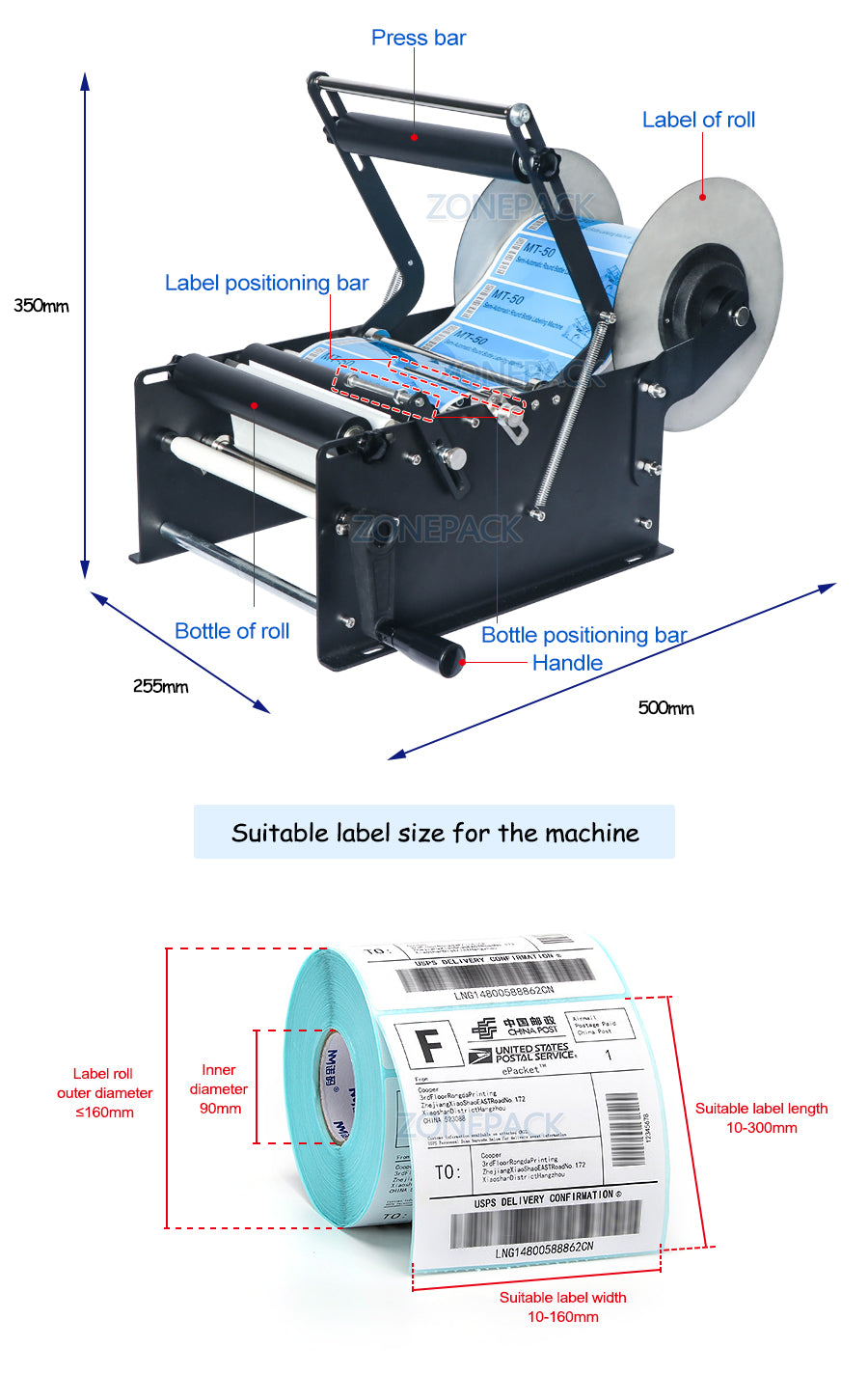 ZONEPACK ZP-50W Manual Round Labeling Machine With Handle Bottle Label
