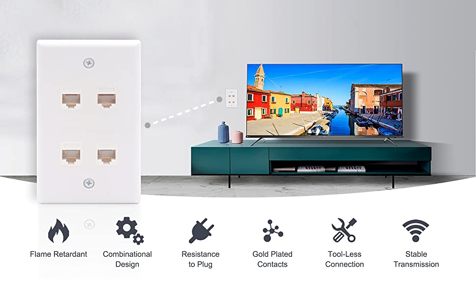 RJ45 Wall Plate 4 Port UL-Listed VCELINK 2-Pack