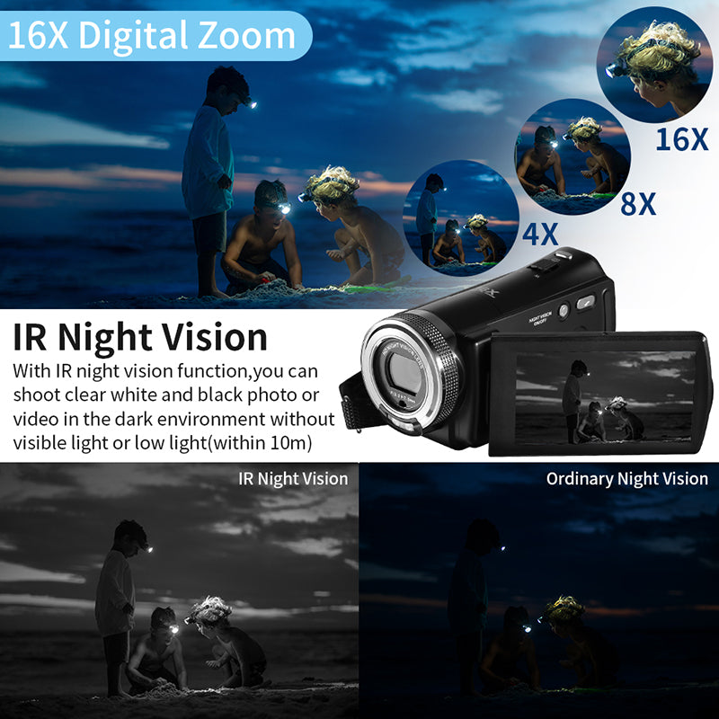 ORDRO 1080P Camcorder V12 Night Vision Video Cameras & 16X Digital Zoo