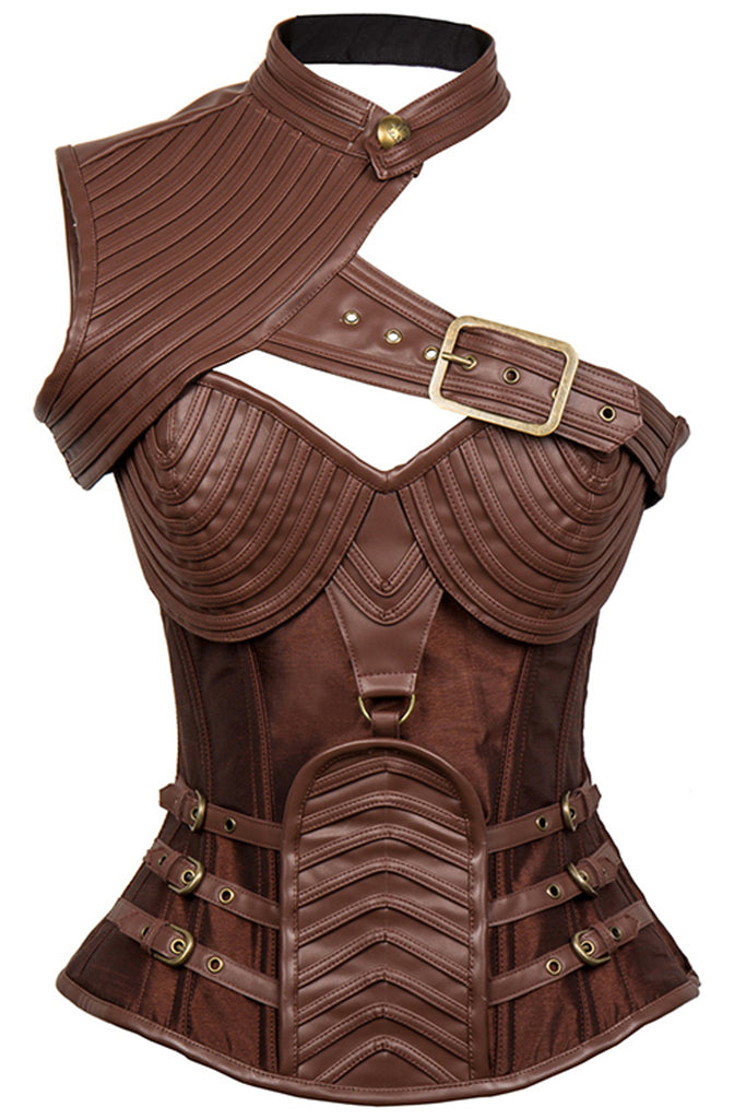 Brown Leather Steel Boned Steam One Shoulder Corset-花瓣网