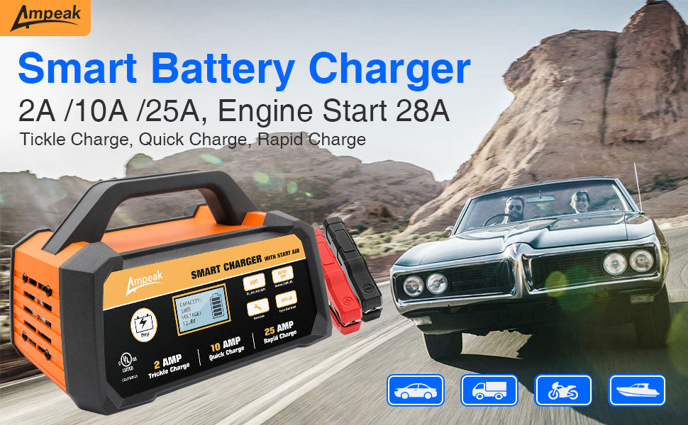 Ampeak 2/10/25A Smart Battery Charger/Maintainer 12V Fully Automatic w