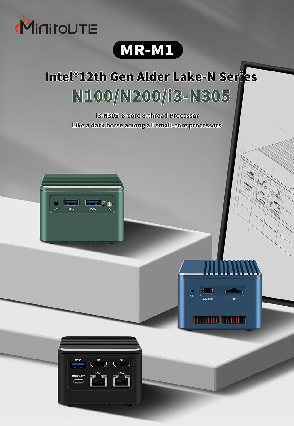 Miniroute M1 Mini PC, Intel N100/N200/i3-N305 Mini Desktop Computer Tr