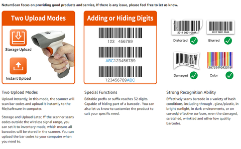 NetumScan Bluetooth 1D Barcode Scanner, 3 in 1 Automatic Wireless Barc
