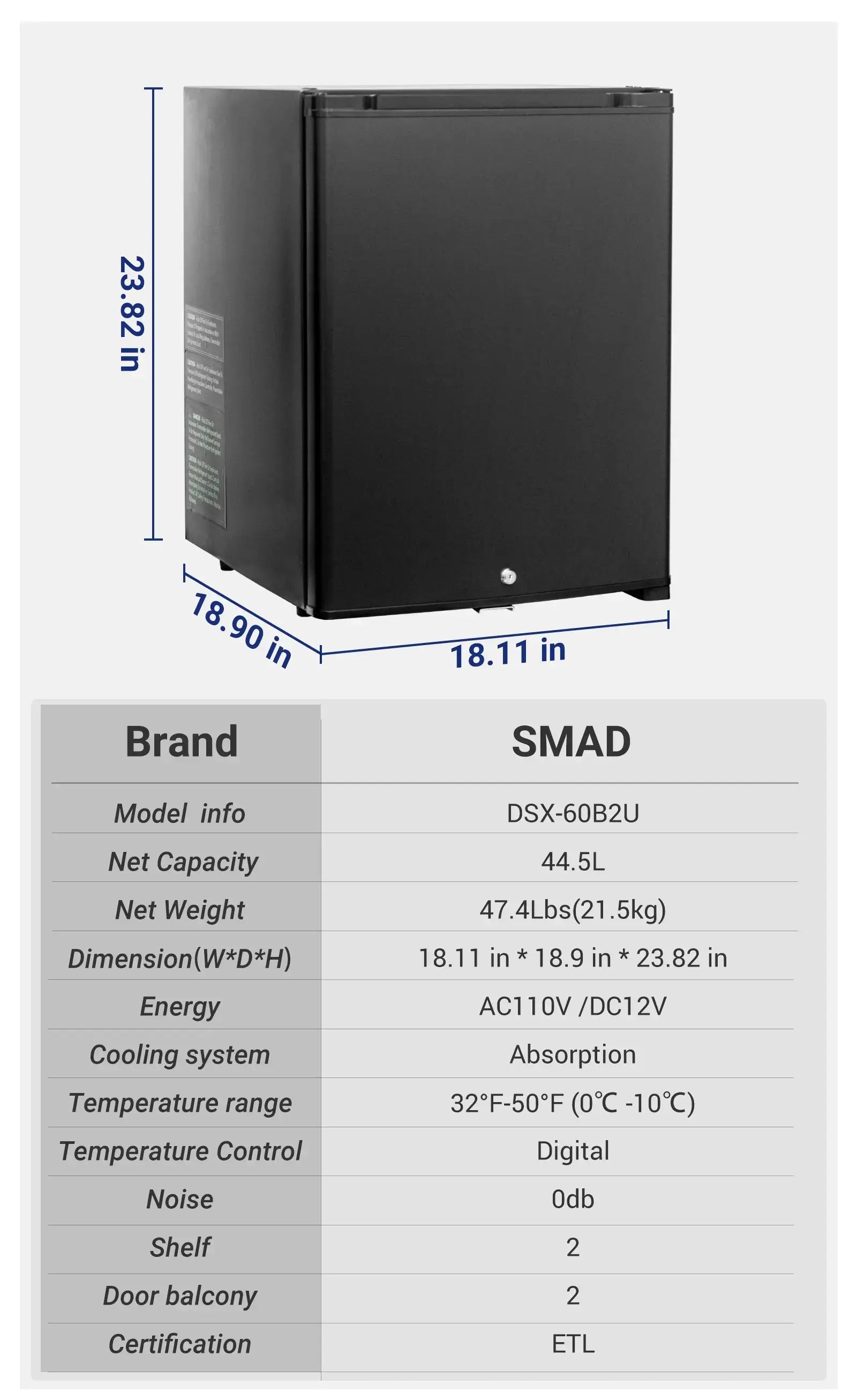 SMAD 2.1 cu.ft Compact Fridge 0dB Absorption Refrigerator with Lock,11 ...