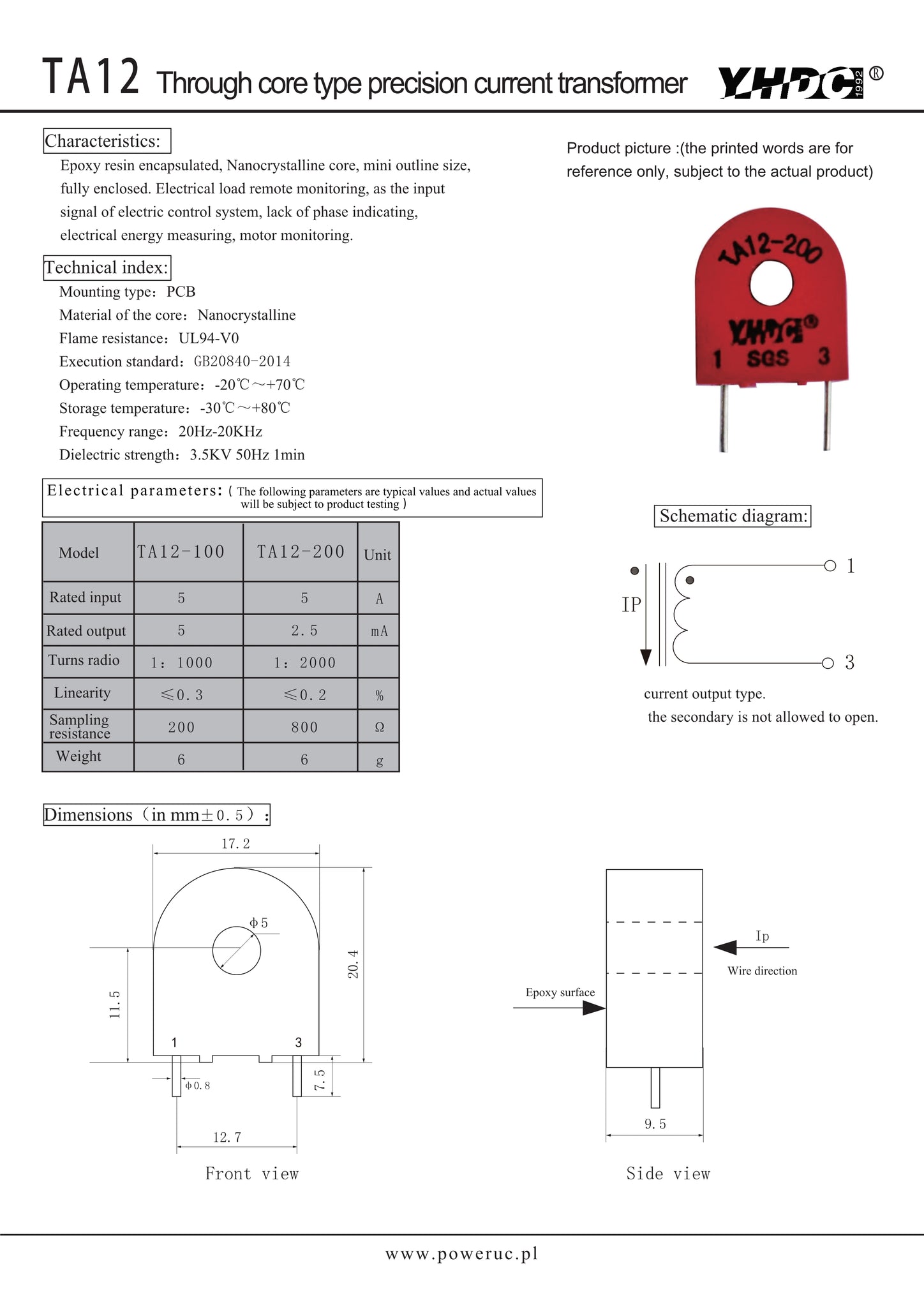 Through core type precision current transformer TA12 Rated input 0-5A ...