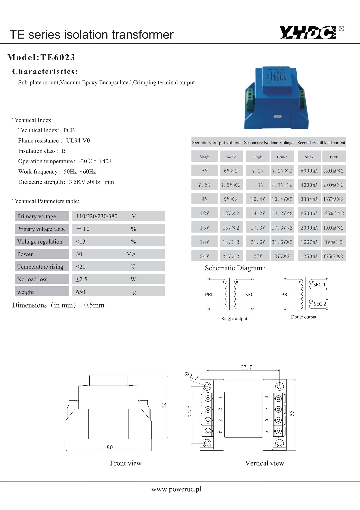 TE series isolation transformer TE6023 110V/220V/230V/380V 30VA – PowerUC