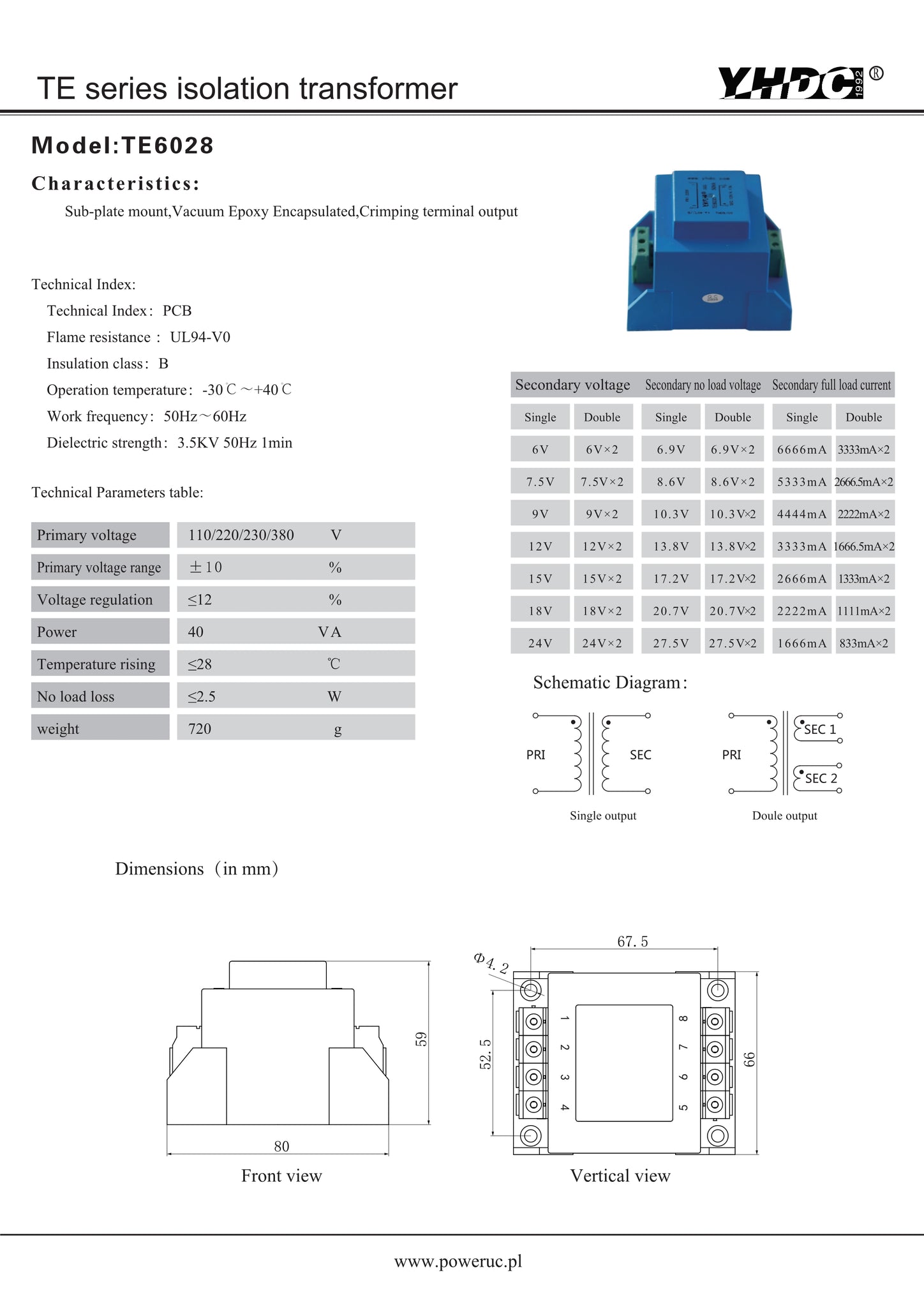 TE series isolation transformer TE6028 110V/220V/230V/380V 40VA – PowerUC